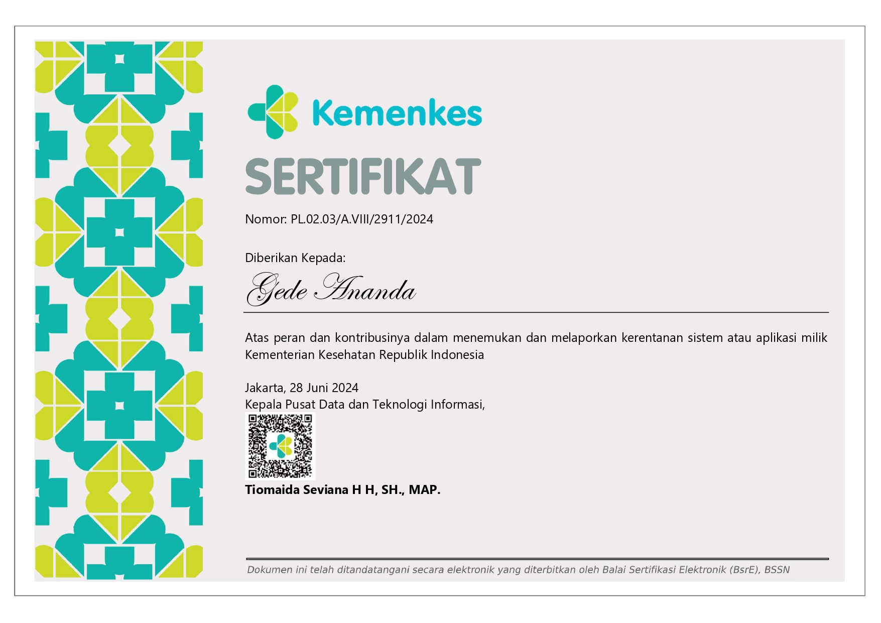 Gede Ananda Certificate